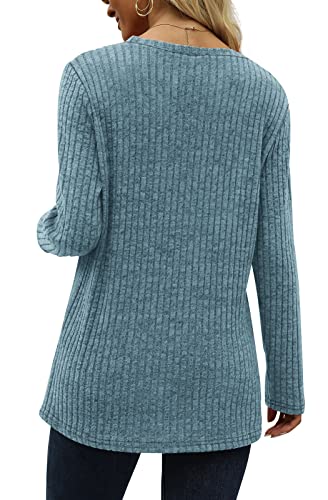 OFEEFAN Long Sleeve Shirts for Women Tunics Ladies Sweaters Winter Tops Blue L