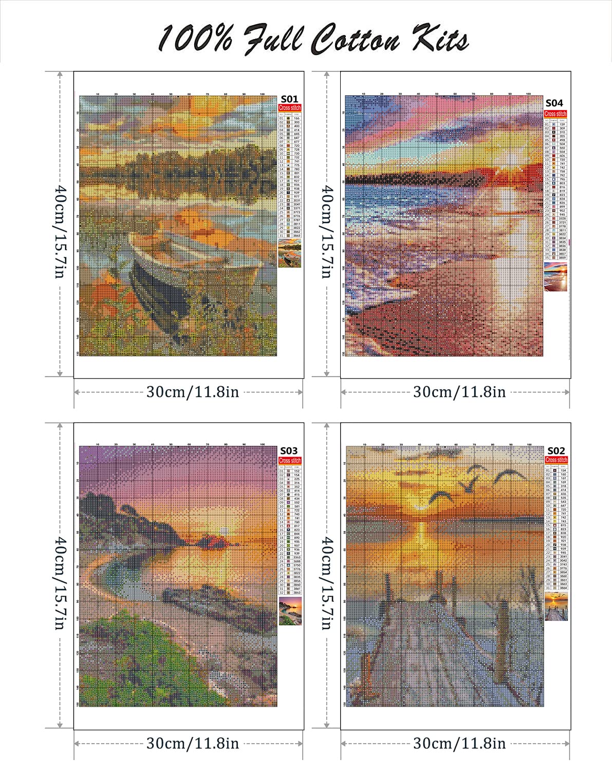 LWZAYS 4 Pack Cross Stitch Kits-Stamped Cross Stitch Kits for Adults Landscape Counted DIY Embroidery Needlepoint Kits Home Decor 12x16inch