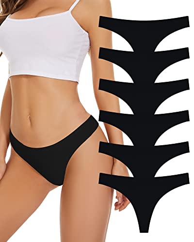 Sunm Boutique 6 Pack Seamless Thongs for Women No Show Thongs Nylon Stretch Thong Panties Underwear Black XS-XXL