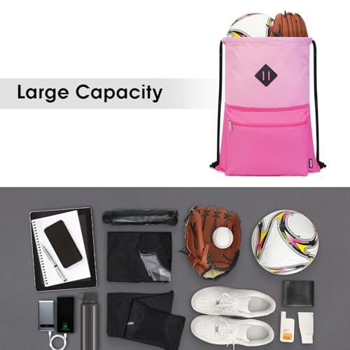 WANDF Drawstring Backpack Sports Gym Bag with Wet Compartment, Water-Resistant String Bag Cinch Bag for Women Men (Pink.)