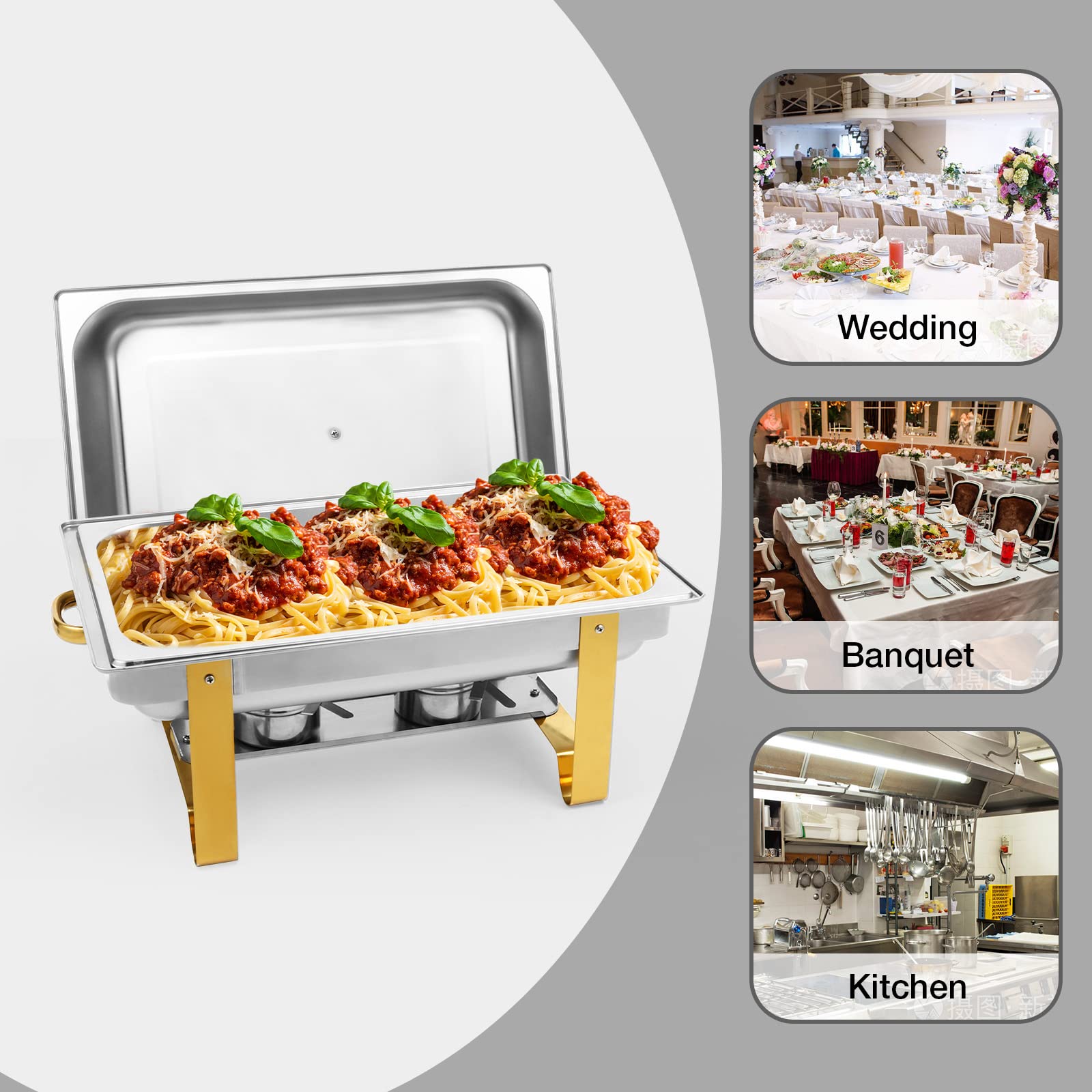 Restlrious Chafing Dish Buffet Set in Pack of 3, Stainless Steel 8 QT Rectangular Chafers and Buffet Warmers Set w/Food Pan, Water Pan, Fixed Frame Fuel Can for Catering Event Party Gathering
