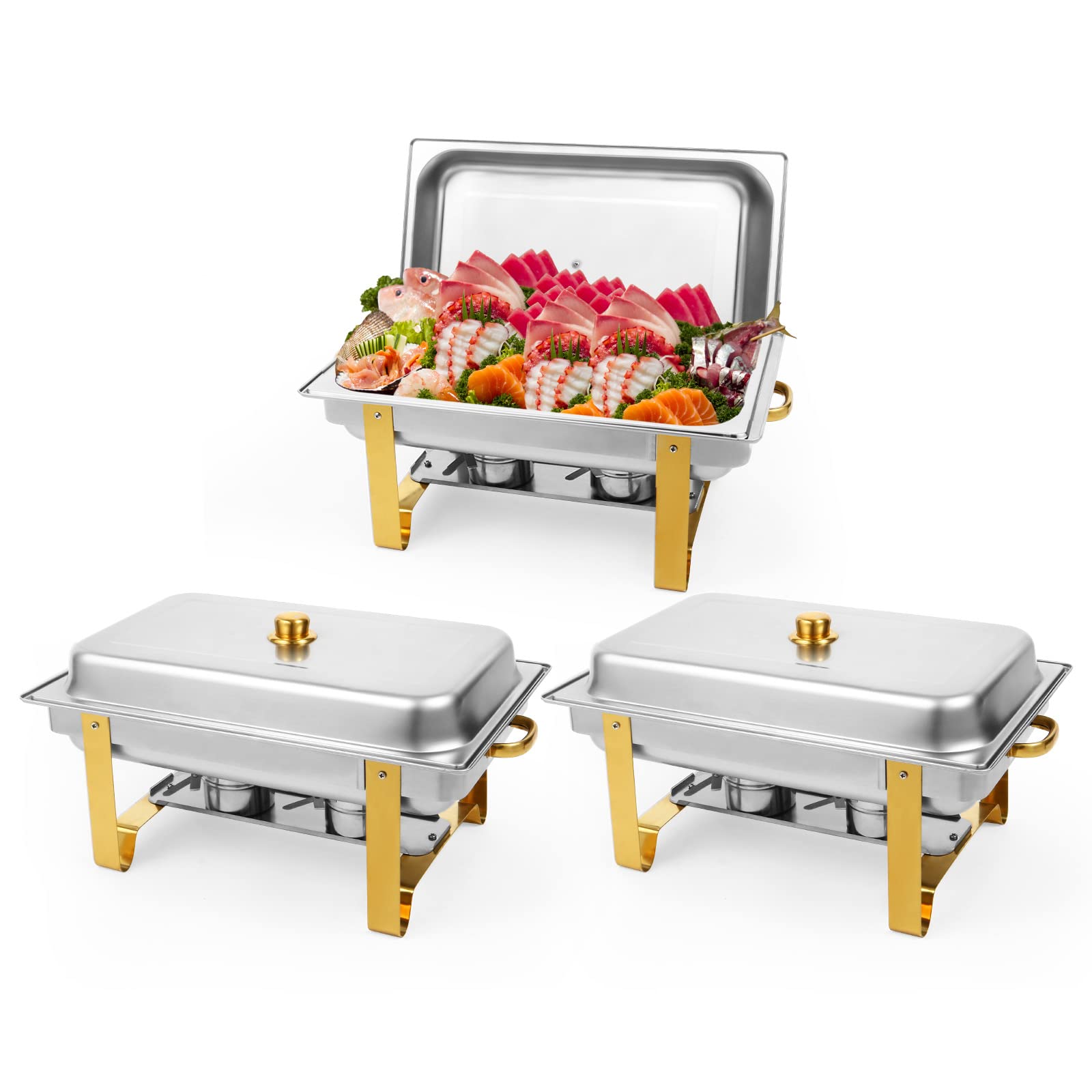 Restlrious Chafing Dish Buffet Set in Pack of 3, Stainless Steel 8 QT Rectangular Chafers and Buffet Warmers Set w/Food Pan, Water Pan, Fixed Frame Fuel Can for Catering Event Party Gathering