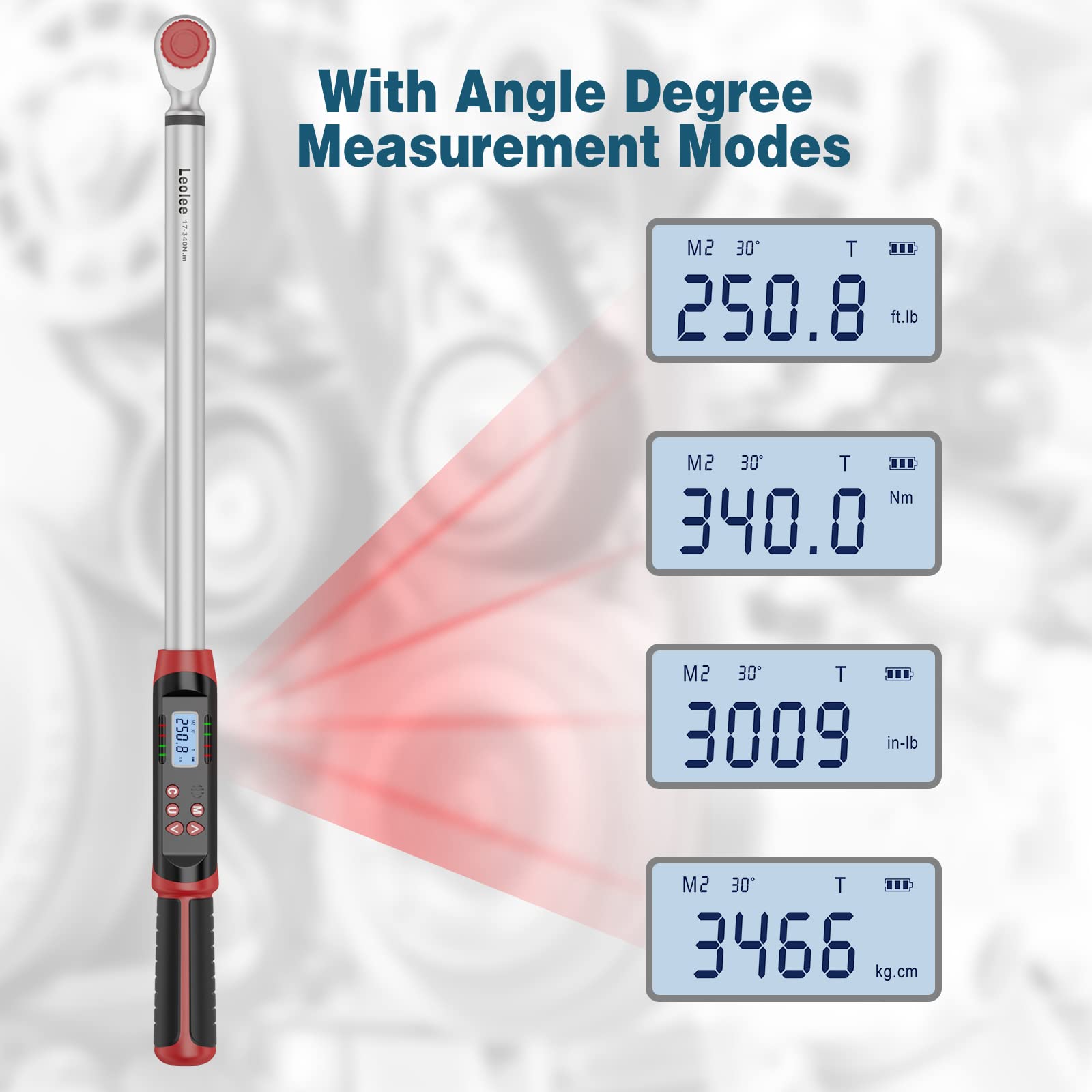 Leolee 1/2-Inch Drive Digital Torque Wrench with Angle, 12.5-250.8 ft-lb/17-340 Nm, Electronic Torque Wrench with Preset Value, Data Storage, Buzzer, LED Flash Notification for Motorcycle, Car