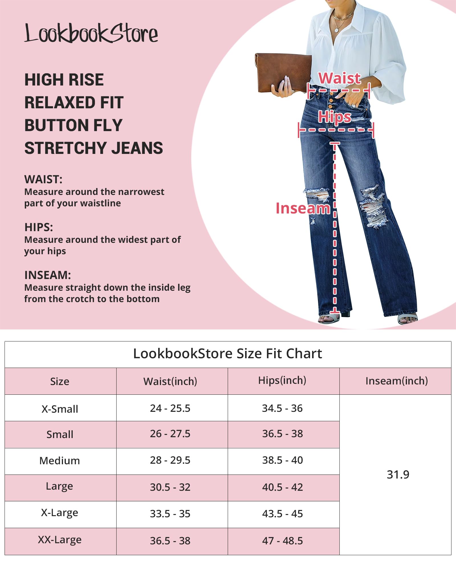LookbookStore Womens Casual Denim High Waisted Wide Leg Jeans Button Fly Fall Attire Trendy Brilliant White Size Medium Fits 8-10