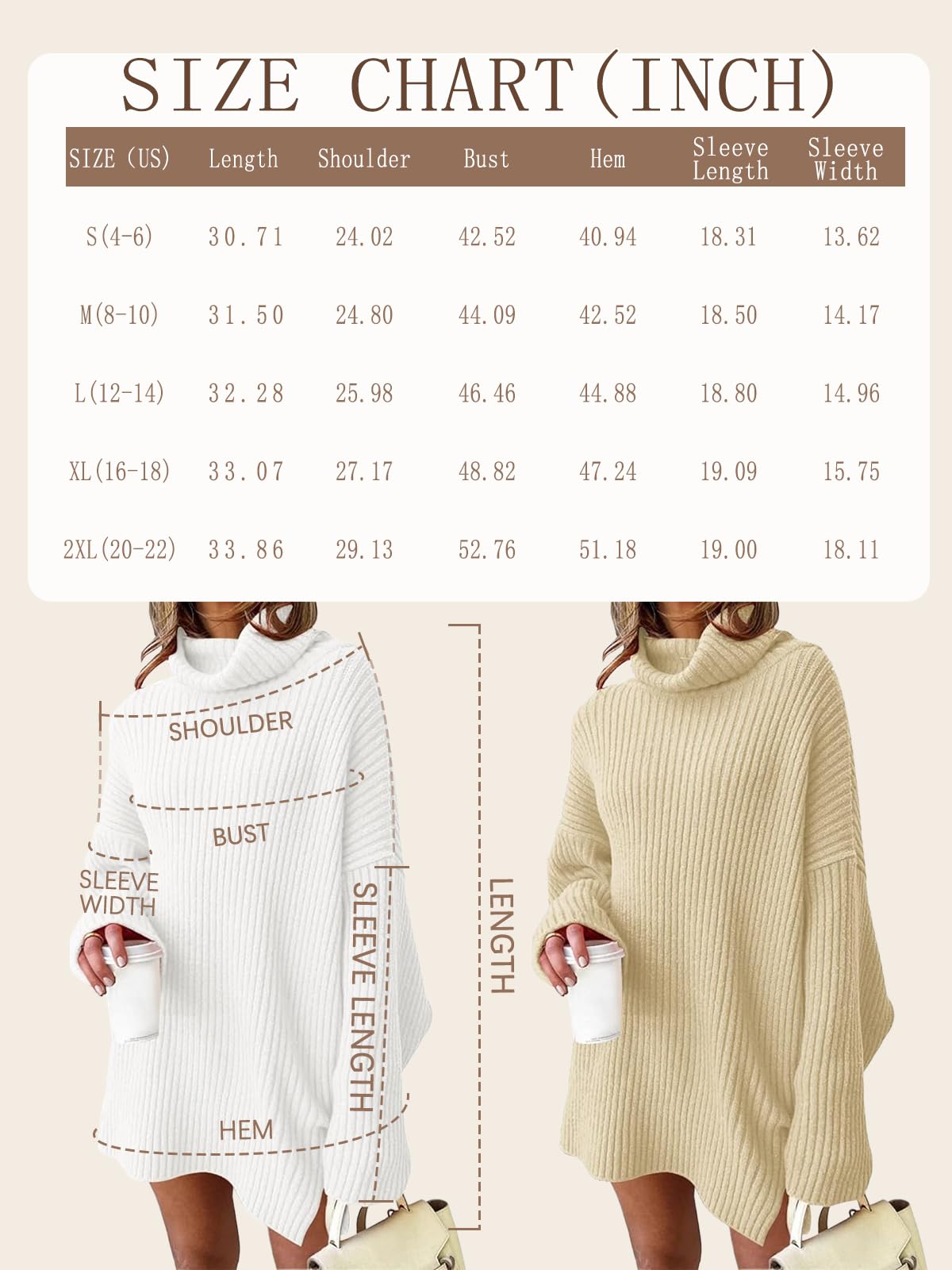 LILLUSORY Womens Turtleneck Oversized Long Sweater Dress 2025 Plus Size Tunic Pullover Knit Fall Dresses Nutmeg M