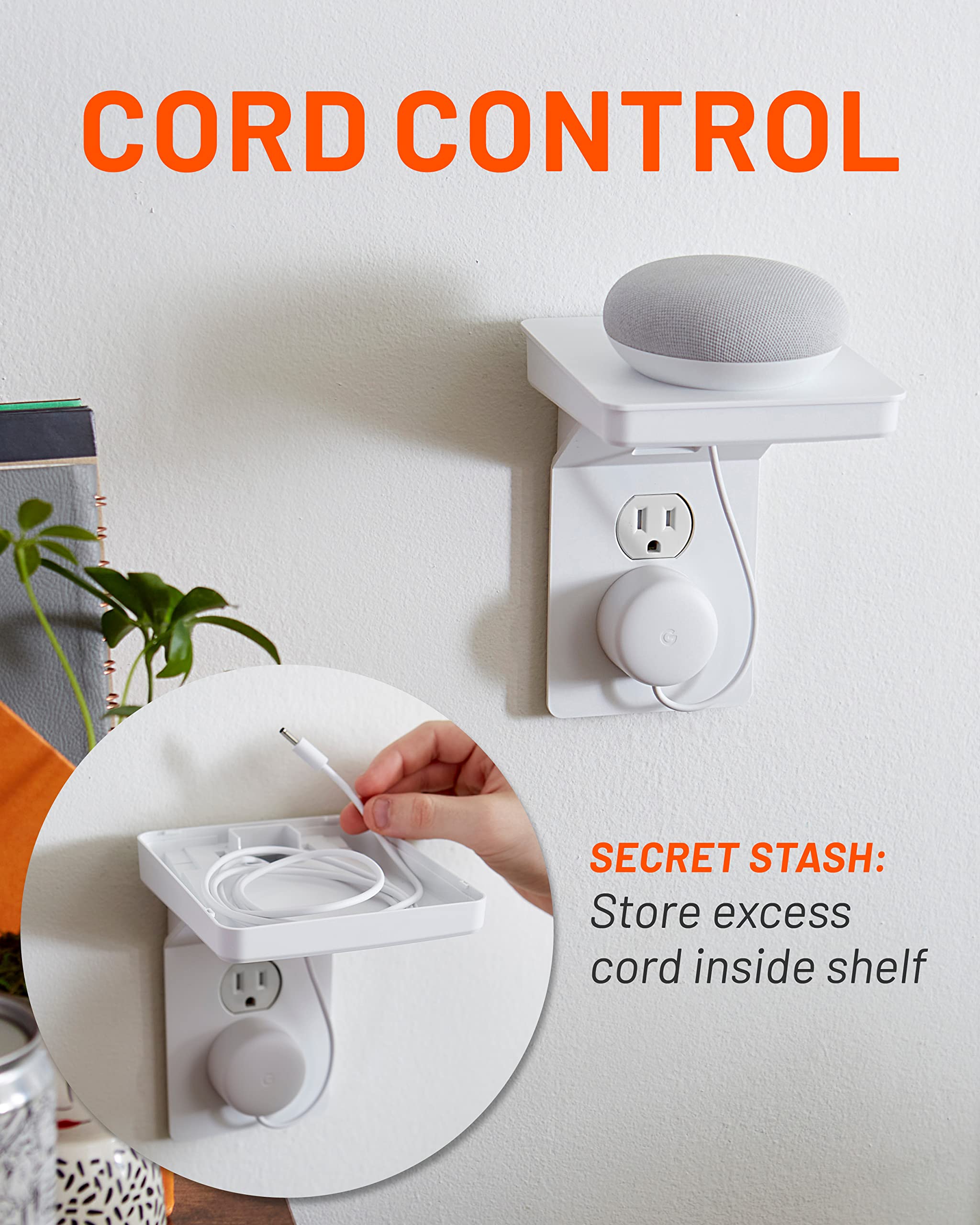 ECHOGEAR Outlet Shelf for Standard Outlets - Next-Gen Design with Built in-Cord Storage & Room for Bulky Plugs - Quick Install with Included Hardware