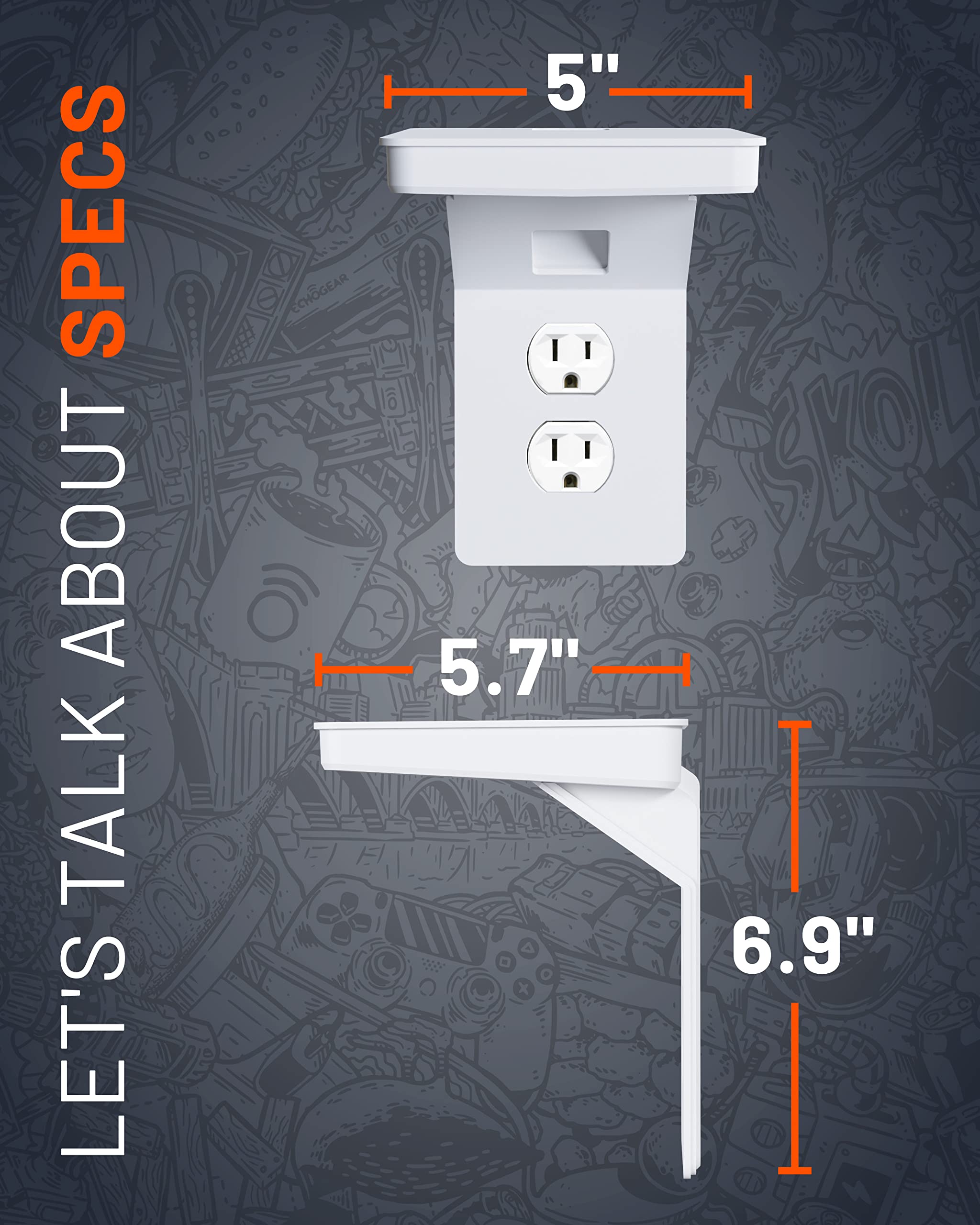 ECHOGEAR Outlet Shelf for Standard Outlets - Next-Gen Design with Built in-Cord Storage & Room for Bulky Plugs - Quick Install with Included Hardware