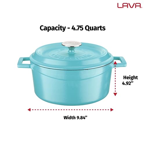 LAVA 4.7 Quarts Cast Iron Dutch Oven: Multipurpose Stylish Round Shape Dutch Oven Pot with Three Layers of Enamel Coated with Trendy Lid (Turquoise)