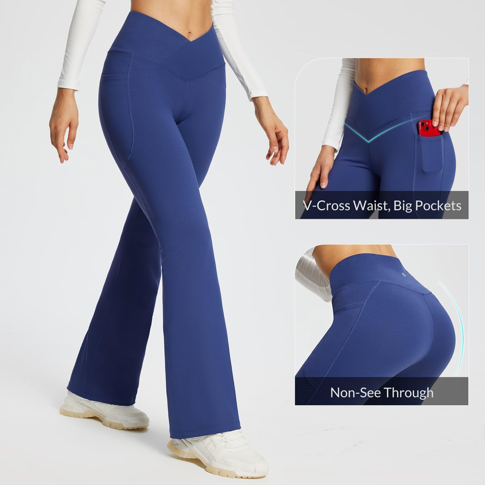 baleaf Women's Flare Leggings with Pockets High Waisted Yoga Pants Casual Workout Wide Leg Pants Navy Blue 29" 3XL
