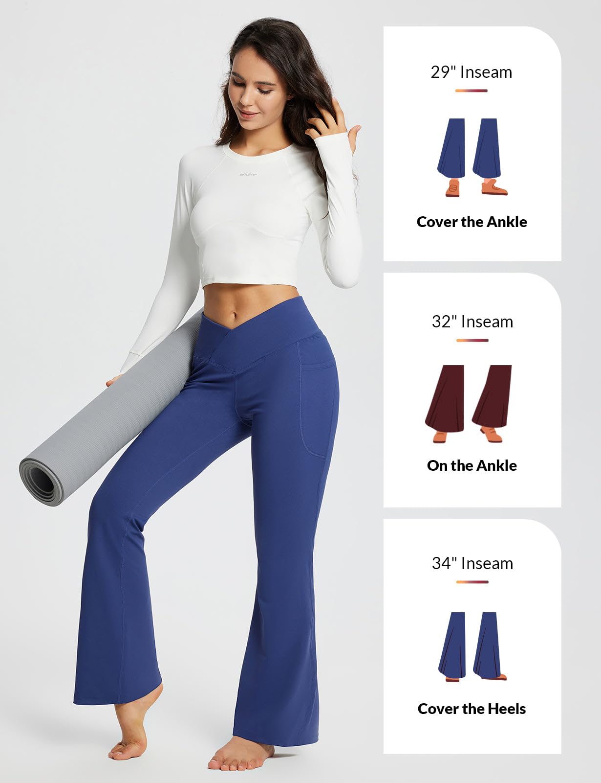 baleaf Women's Flare Leggings with Pockets High Waisted Yoga Pants Casual Workout Wide Leg Pants Navy Blue 29" 3XL