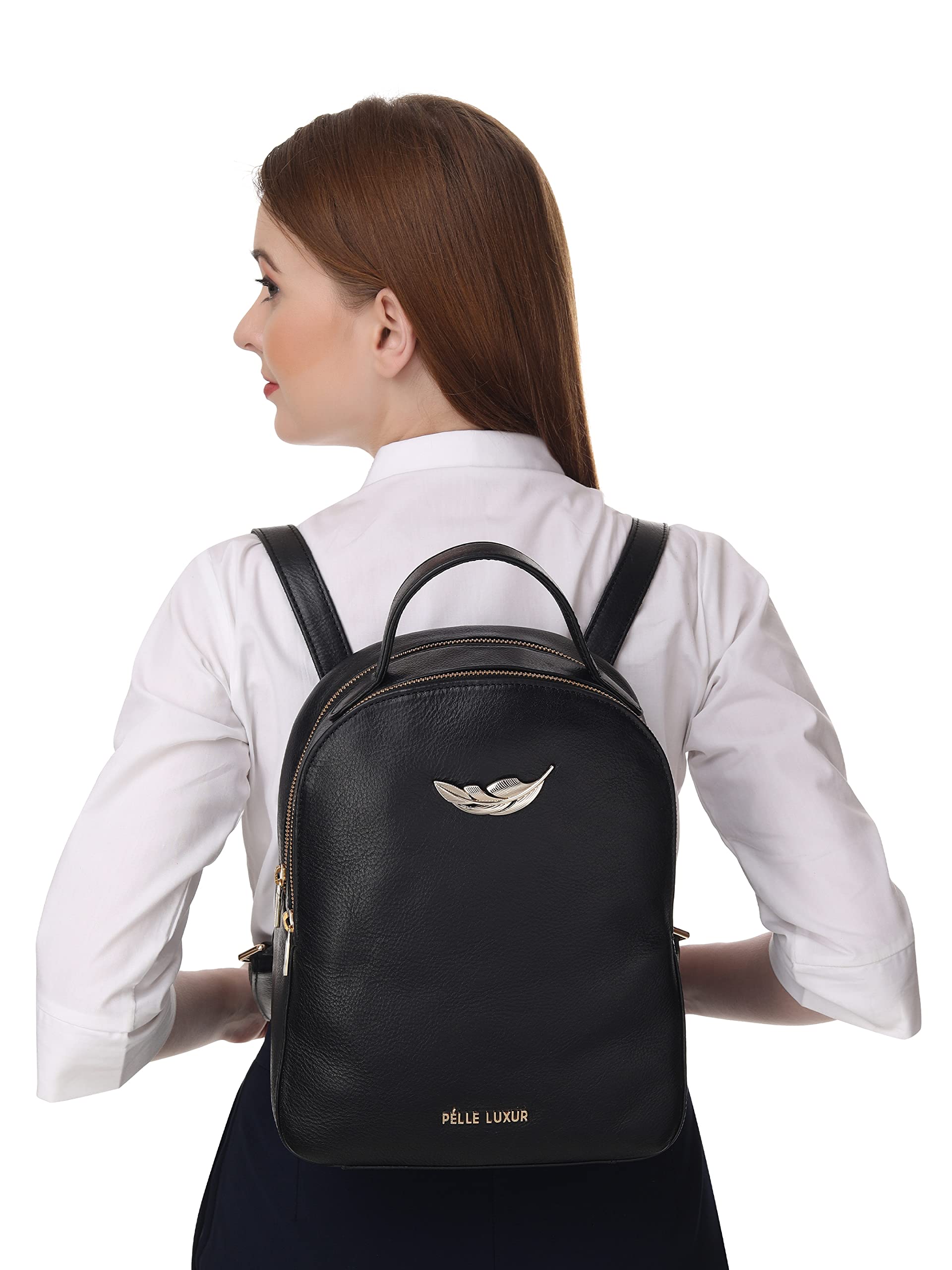 Pelle Luxur Women Genuine Leather Business Work Laptop Backpack- Purse For College Travel Large Capacity (Black)