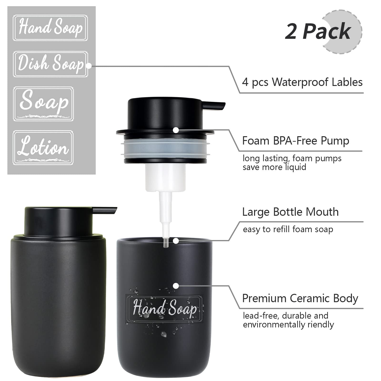 BosilunLife Foaming Soap Dispenser Set - Black Ceramic Foam Hand Soap Dispenser 12oz Set with Rust Proof Pump, 4Pcs Clear Stickers for Kitchen, Bathroom - 2 Pack