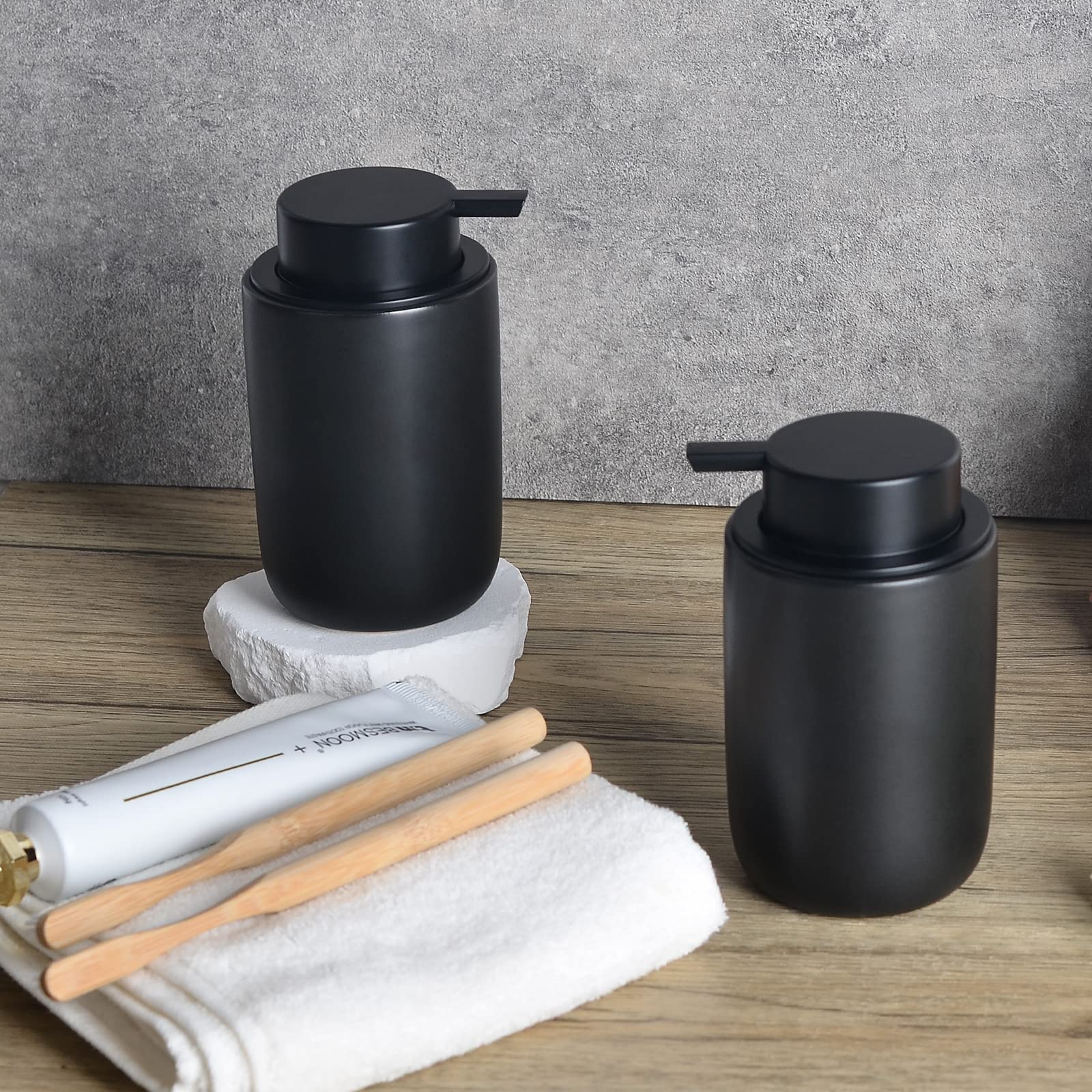 BosilunLife Foaming Soap Dispenser Set - Black Ceramic Foam Hand Soap Dispenser 12oz Set with Rust Proof Pump, 4Pcs Clear Stickers for Kitchen, Bathroom - 2 Pack
