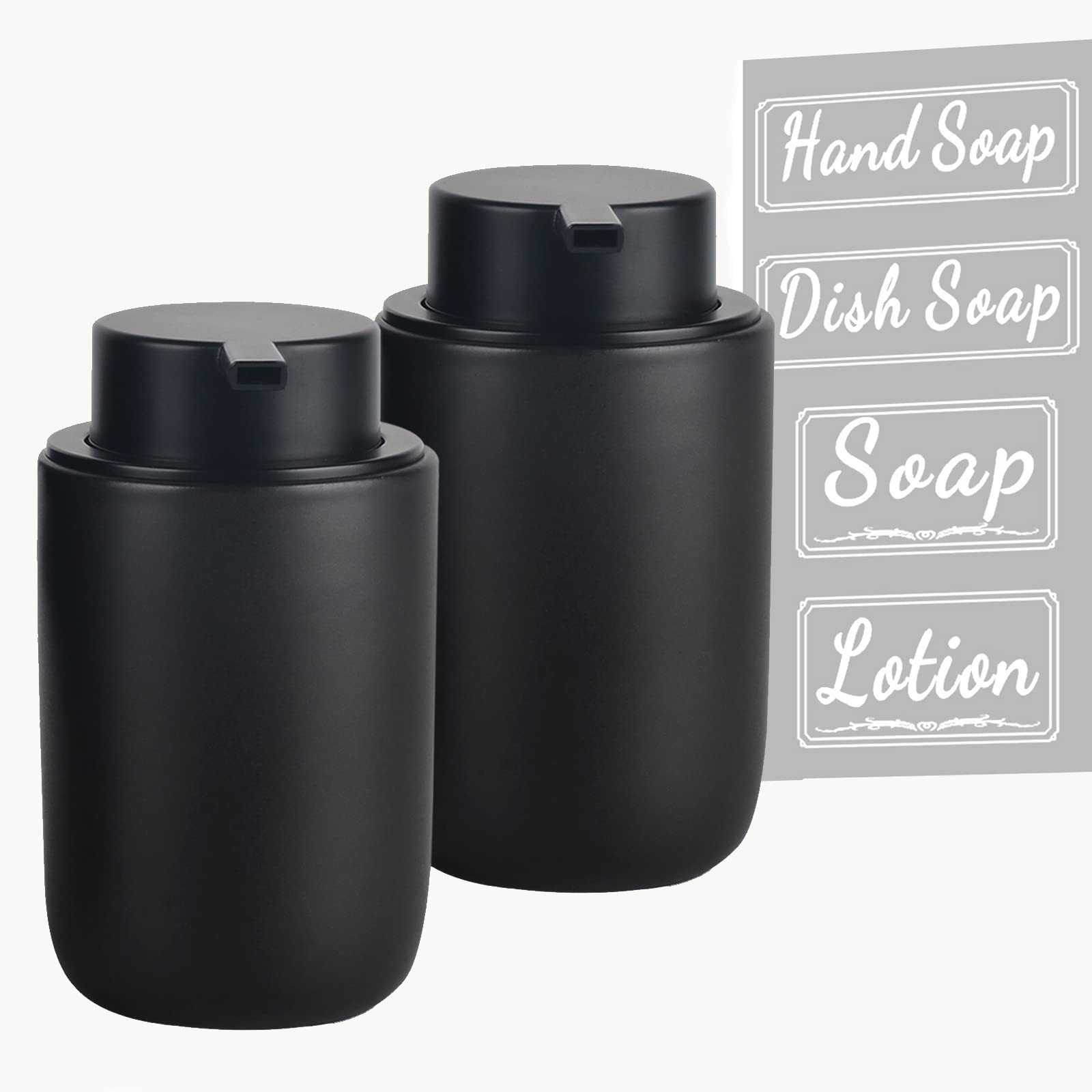 BosilunLife Foaming Soap Dispenser Set - Black Ceramic Foam Hand Soap Dispenser 12oz Set with Rust Proof Pump, 4Pcs Clear Stickers for Kitchen, Bathroom - 2 Pack
