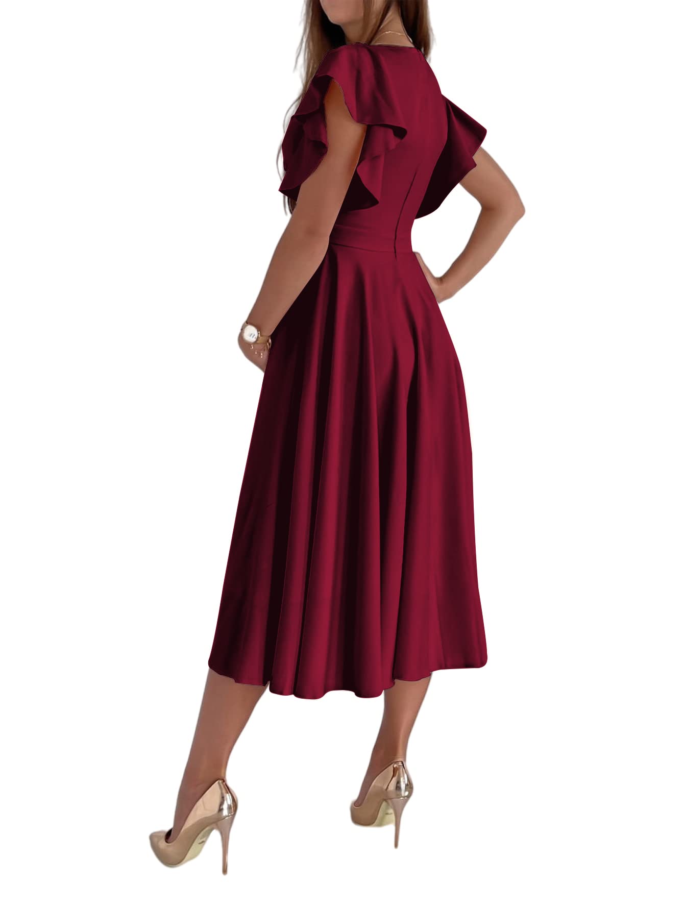 LYANER Women's Wrap V Neck Ruffle Short Sleeve A Line Swing Flared Cocktail Party Midi Dress Wine Red Medium