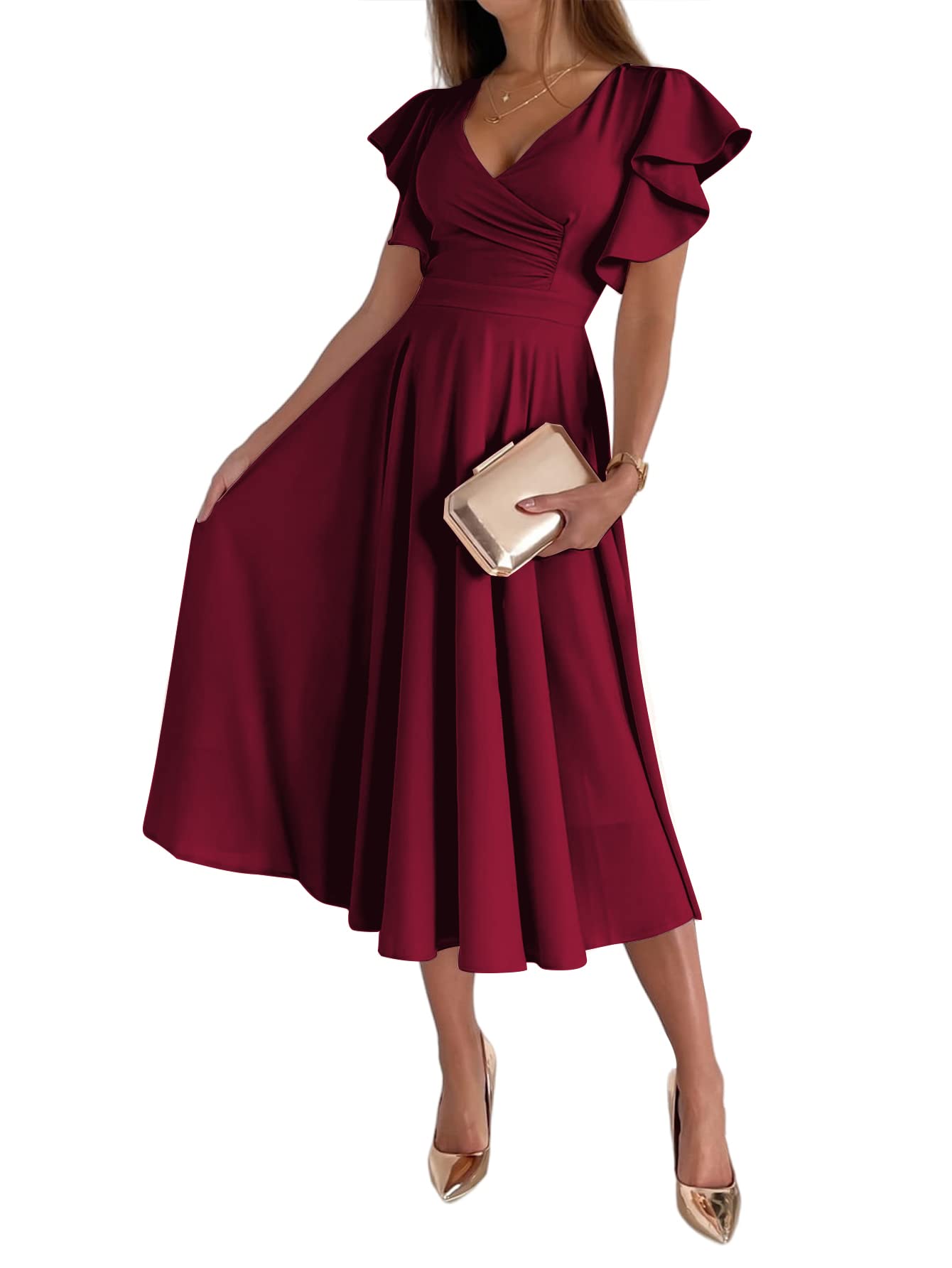 LYANER Women's Wrap V Neck Ruffle Short Sleeve A Line Swing Flared Cocktail Party Midi Dress Wine Red Medium