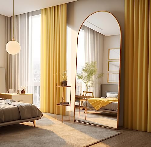 ABSWHLM 71"x32" Arched Mirror Full Length Large Mirror with Stand Aluminum Alloy Frame Floor Mirror for Living Room, Bedroom Hanging Standing or Leaning Wall-Mounted, Gold