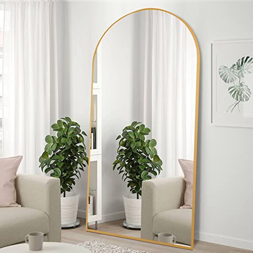 ABSWHLM 71"x32" Arched Mirror Full Length Large Mirror with Stand Aluminum Alloy Frame Floor Mirror for Living Room, Bedroom Hanging Standing or Leaning Wall-Mounted, Gold