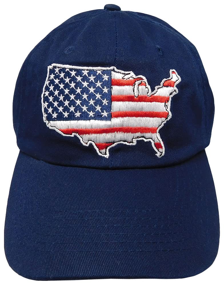 USA Flag United States of America Map Navy Blue Washed Cotton Adjustable Embroidered Baseball Hat Cap