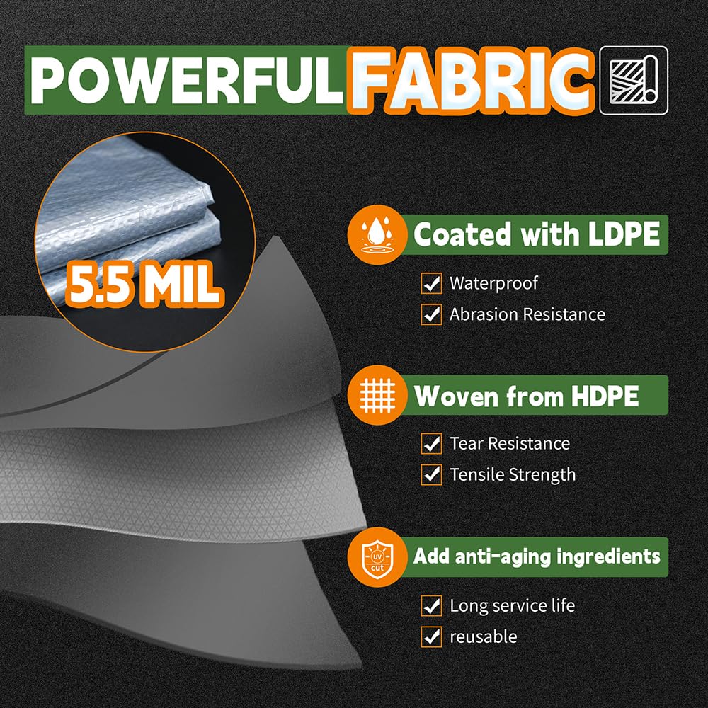 RAINDEWAY Tarps 12x12 Feet - 5.5 Mil, Multipurpose Waterproof Poly Tarp Cover with Metal Grommets and Reinforced Edges, Silver/Blue Tarp
