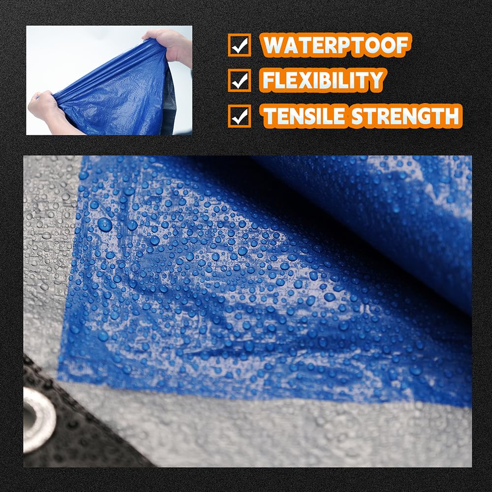 RAINDEWAY Tarps 12x12 Feet - 5.5 Mil, Multipurpose Waterproof Poly Tarp Cover with Metal Grommets and Reinforced Edges, Silver/Blue Tarp