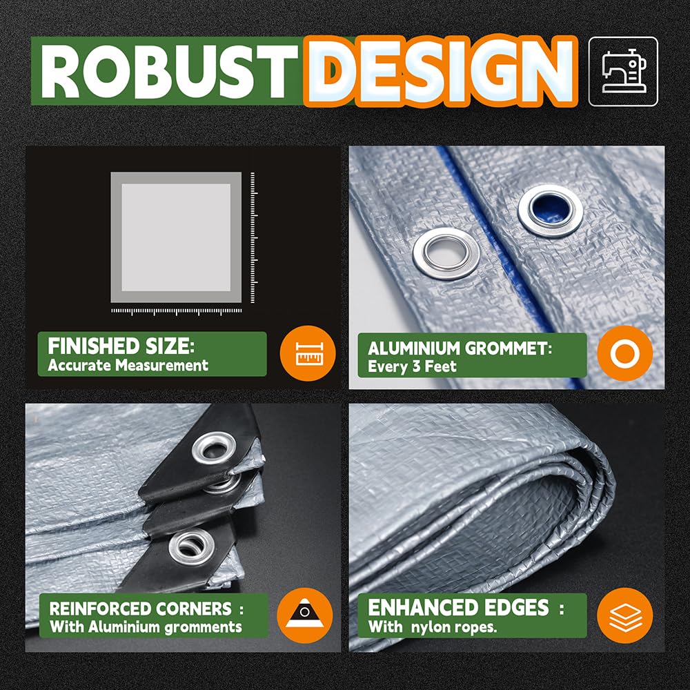 RAINDEWAY Tarps 12x12 Feet - 5.5 Mil, Multipurpose Waterproof Poly Tarp Cover with Metal Grommets and Reinforced Edges, Silver/Blue Tarp