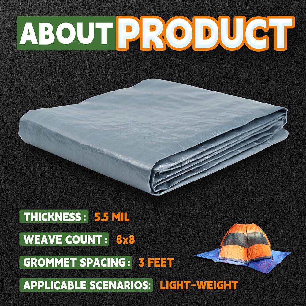 RAINDEWAY Tarps 12x12 Feet - 5.5 Mil, Multipurpose Waterproof Poly Tarp Cover with Metal Grommets and Reinforced Edges, Silver/Blue Tarp