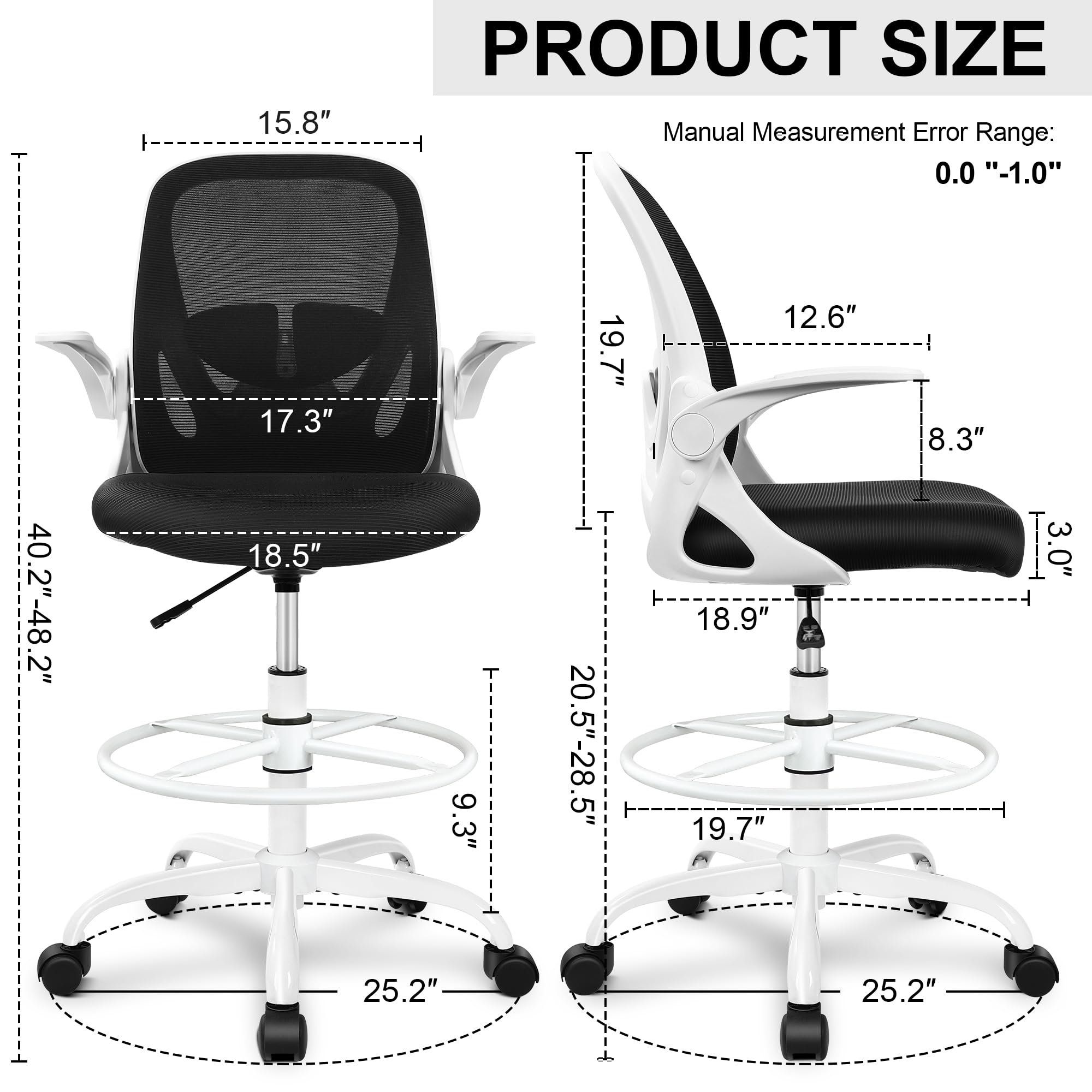 Primy Drafting Chair Tall Office Chair with Flip-up Armrests Executive Ergonomic Computer Standing Desk Chair with Lumbar Support and Adjustable Footrest Ring(White)