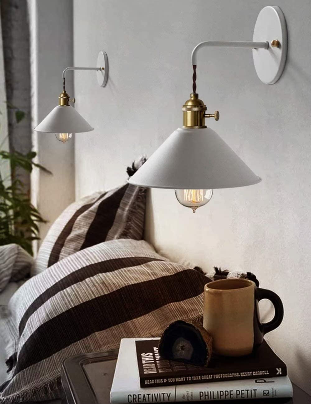 White Plug in Wall Sconces Set of Two,Wall lamp with Plug in Cord of 2 for Bedroom Hanging Wall Lights E26 Edison Brass lamp Holder with Frosted Paint Body Bedside lamp