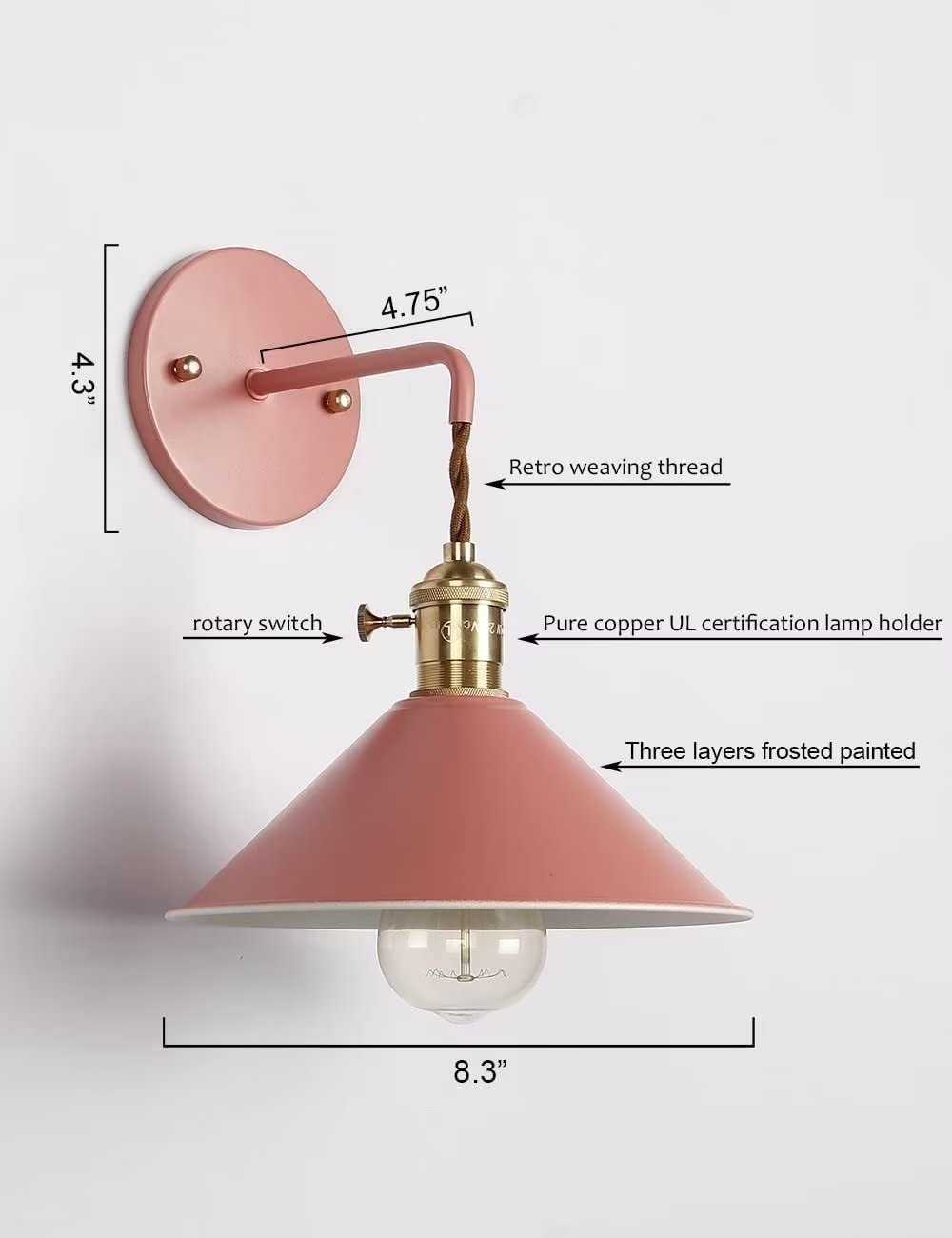 White Plug in Wall Sconces Set of Two,Wall lamp with Plug in Cord of 2 for Bedroom Hanging Wall Lights E26 Edison Brass lamp Holder with Frosted Paint Body Bedside lamp