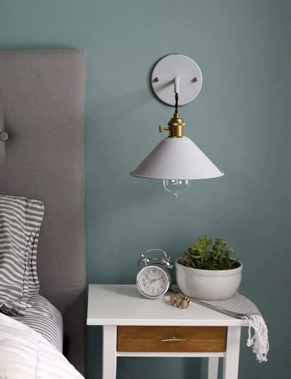 White Plug in Wall Sconces Set of Two,Wall lamp with Plug in Cord of 2 for Bedroom Hanging Wall Lights E26 Edison Brass lamp Holder with Frosted Paint Body Bedside lamp