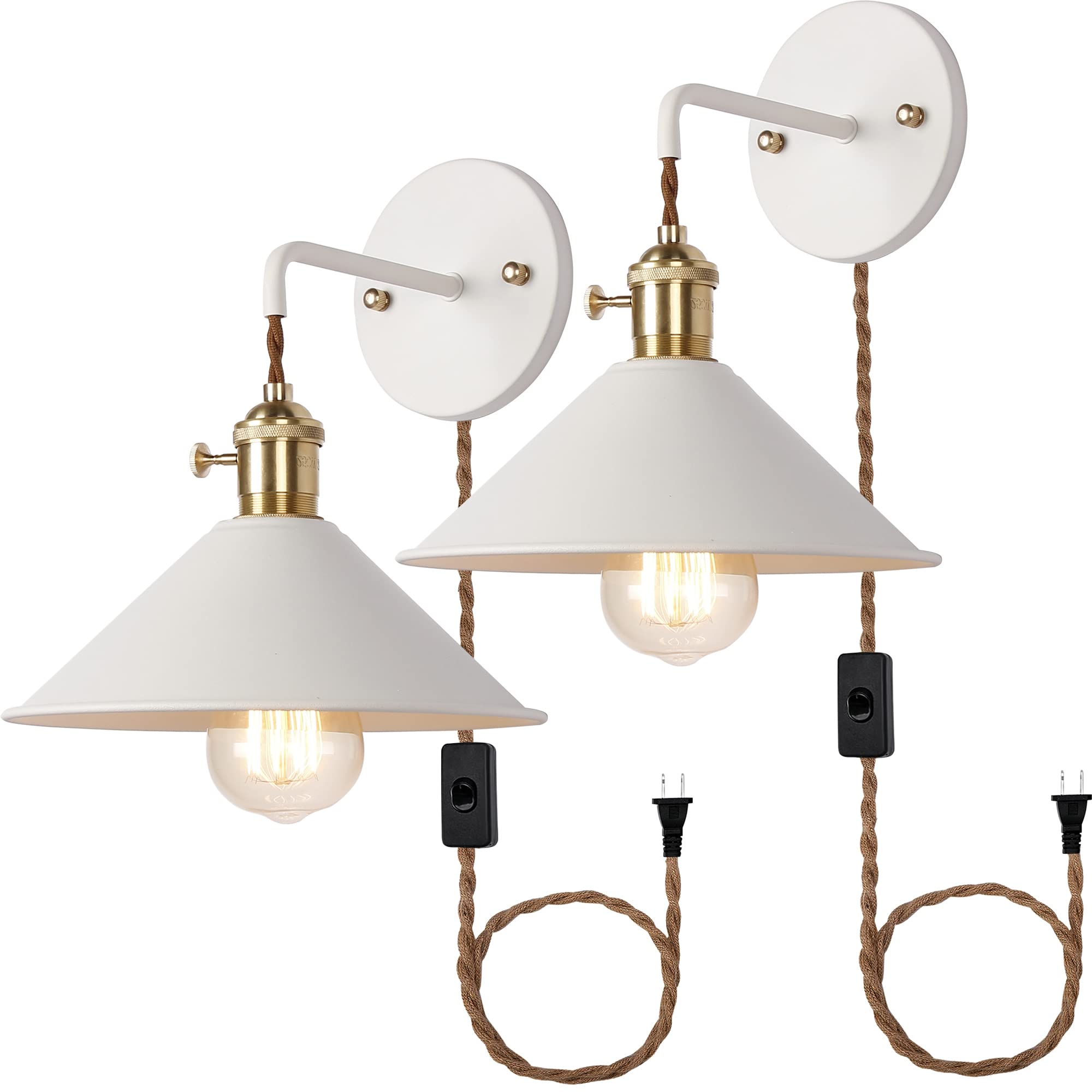 White Plug in Wall Sconces Set of Two,Wall lamp with Plug in Cord of 2 for Bedroom Hanging Wall Lights E26 Edison Brass lamp Holder with Frosted Paint Body Bedside lamp