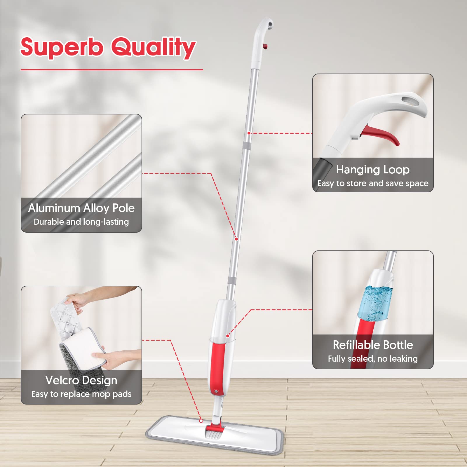 MANGOTIME Microfiber Spray Mop for Hardwood Floor Cleaning - Wet Dry Dust Mop with 2 Refillable Bottles & 4 Washable Reusable Pads, Flat Kitchen Mop for Wood, Tile, Laminate, Vinyl