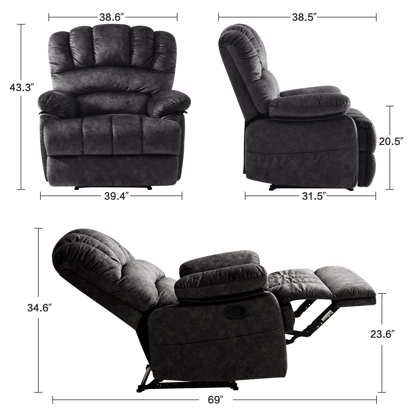 EASELAND 1.0 Extra Large Push Back Recliner for Big and Tall, Extra Wide and Overstuffed Breathable Recliners (Dark Grey)…