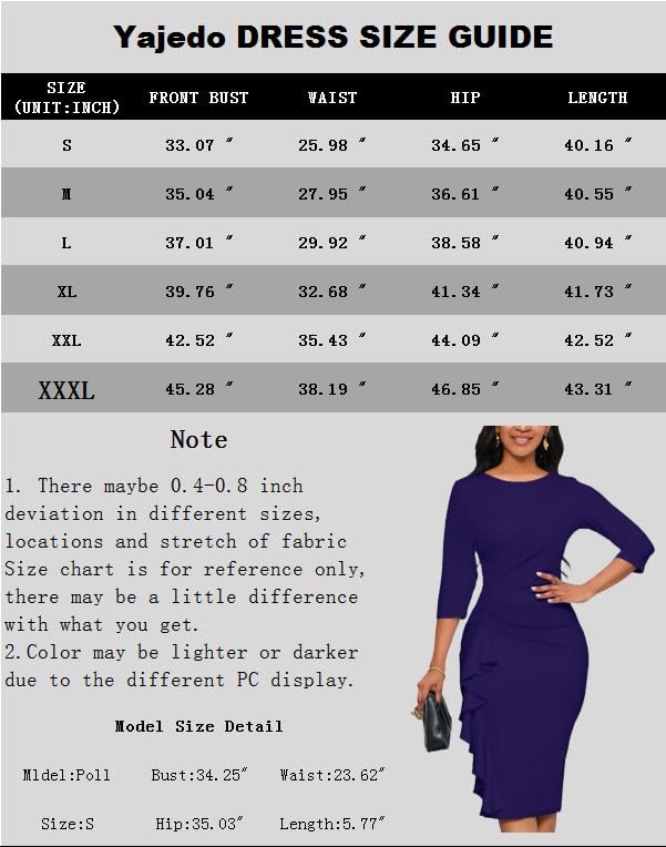 Purple Dress Women Summer Party 3/4 Sleeve Ruffle Peplum Work Midi Pencil Dress(Purple Large)