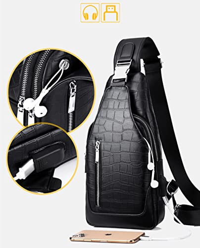 Mens Leather Sling Bag Chest Shoulder Bag,Waterproof Crossbody Chest Bag,Sling Backpack With Usb Charging Port One Shoulder Bag