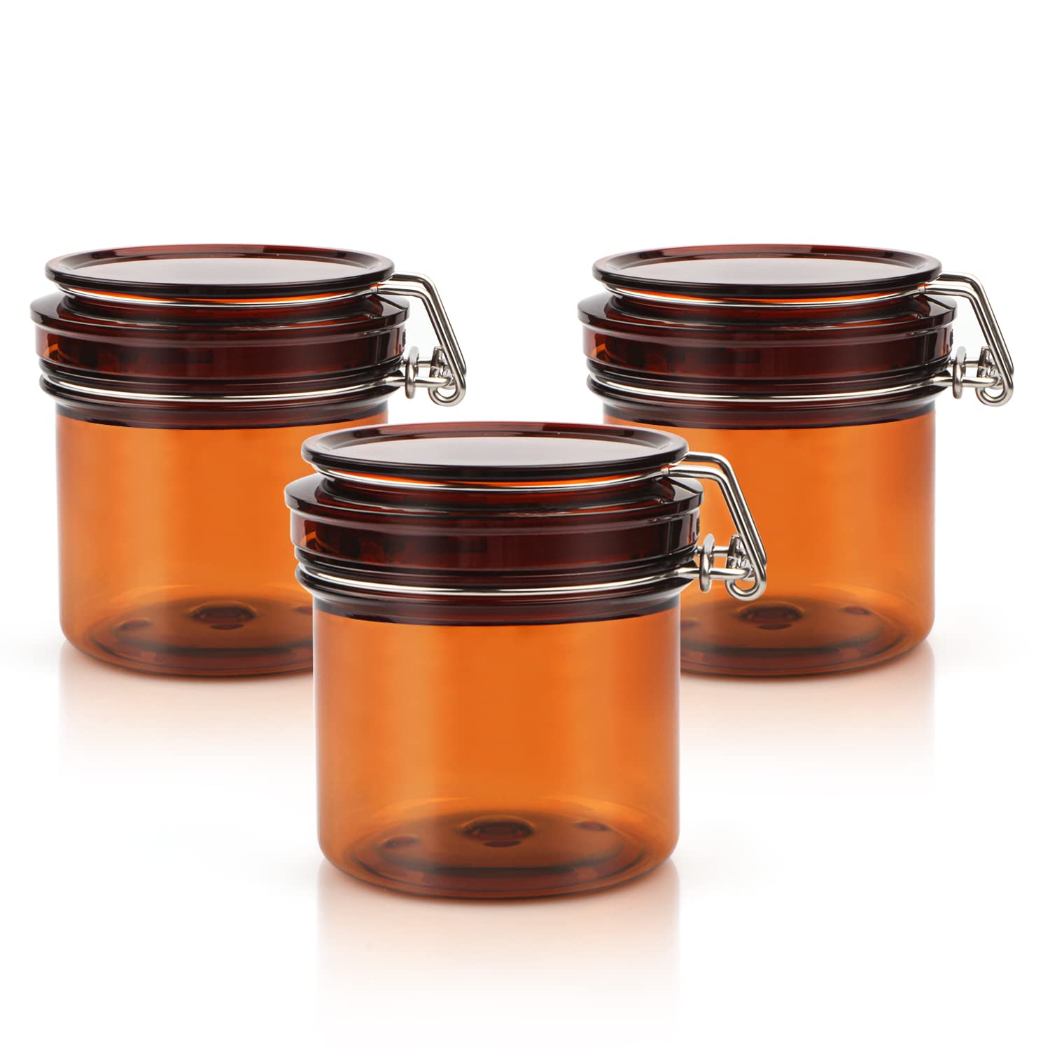 3 Pack 220ml Amber Storage Jar Plastic Sealed Container Wide Mouth Refillable Bottle Pot with Rotating Buckle Airtight Lid for Facial Mask Cosmetic Spices Candy Tea Coffee Bean
