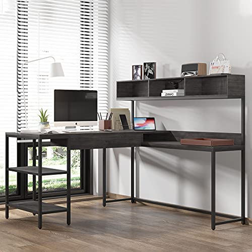 HEAO L-Shaped Corner Desk with Multiple Shelves and Drawer Space-Saving Computer Home & Office Desk (Dark Grey)