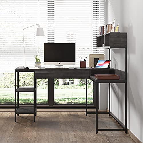HEAO L-Shaped Corner Desk with Multiple Shelves and Drawer Space-Saving Computer Home & Office Desk (Dark Grey)
