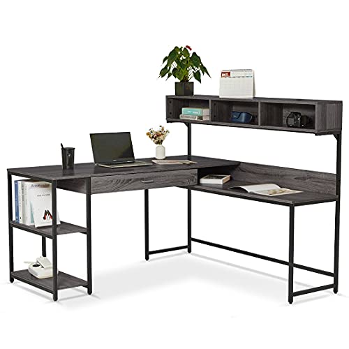 HEAO L-Shaped Corner Desk with Multiple Shelves and Drawer Space-Saving Computer Home & Office Desk (Dark Grey)