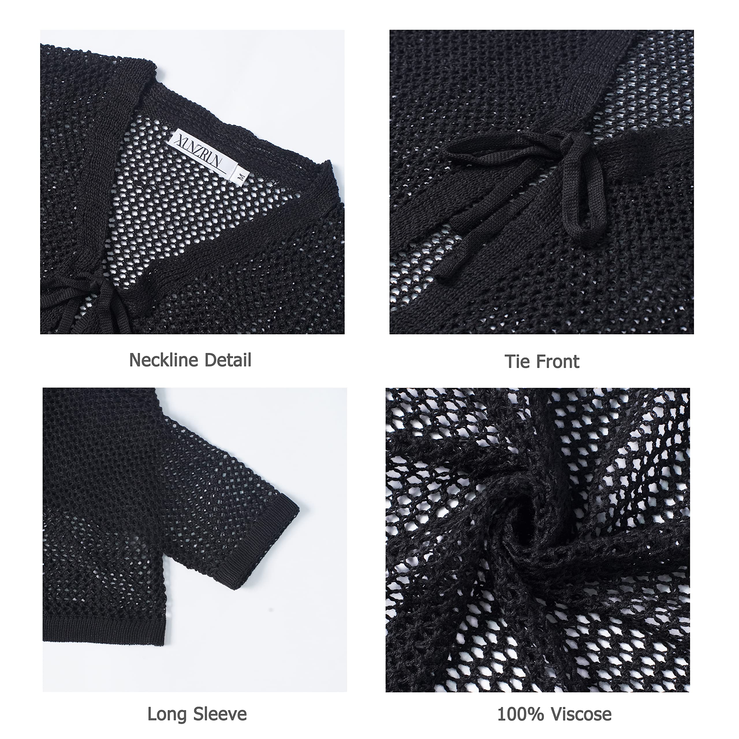 XUNZRLN Women's Long Sleeve Tie Open Front Bolero Shrug Lightweight Knit Hollow Out Cropped Cardigan