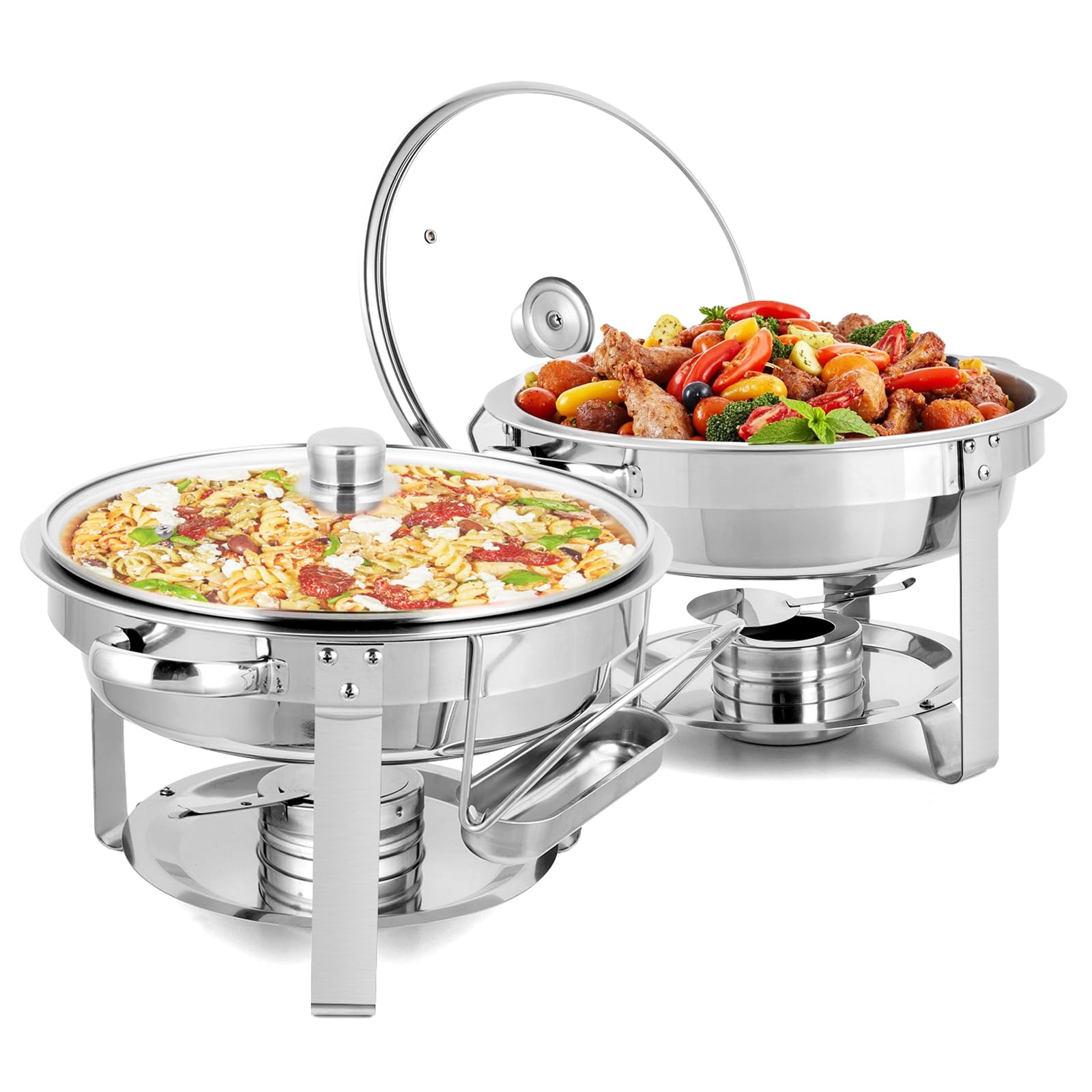 ROVSUN 5 Qt 2Pack Chafing Dish Buffet Set, NSF Stainless Steel Round Chafers for Catering, Buffet Servers and Warmers Set with Glass Lid & Lid Holder, Thick Stand Frame for Wedding Party Banquet Event