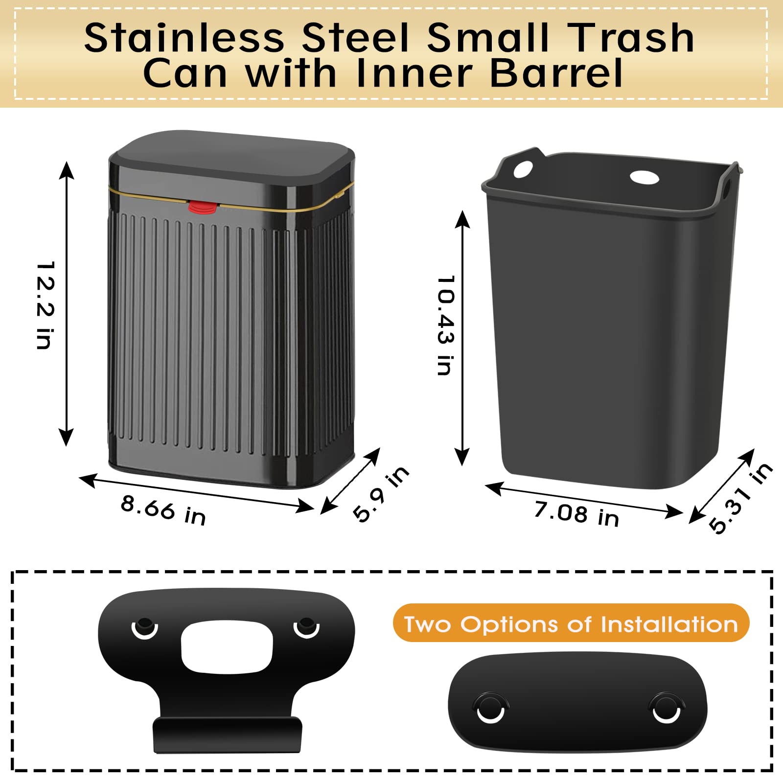 GloDeals Kitchen Hanging Trash Can with Lid, 2.1Gal/ 8L Stainless Steel Trash Can Compost Bin Counter Top, Wall-Mount Indoor Kitchen Trash Bin for Cabinet, Under Sink, Bathroom (Black)