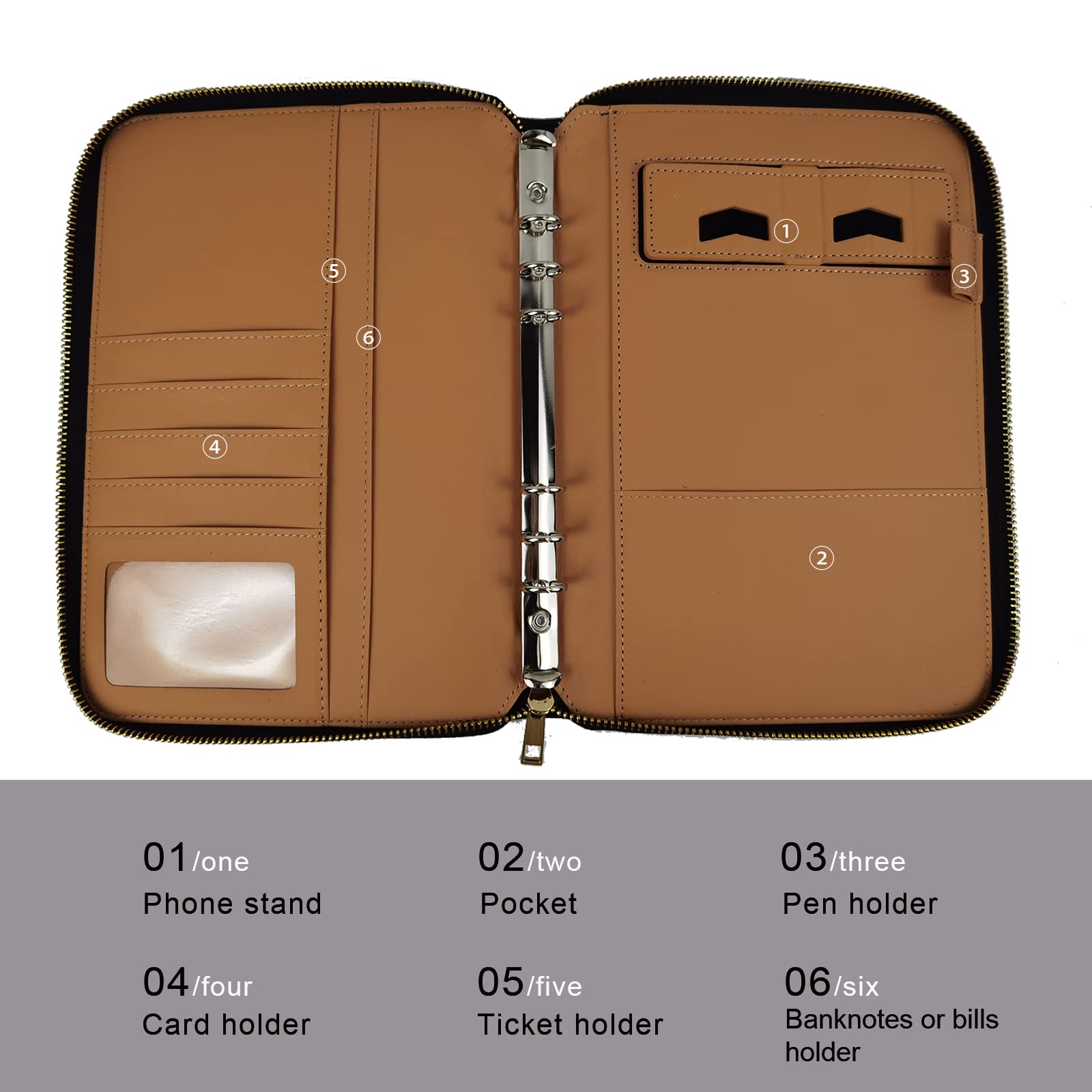 A5 Binder Case PU Leather Portfolio Budget Binder Refillable Notebook Planner Cover with Zipper 6 Rings Money Document Organizer for Business Interview (Brown)