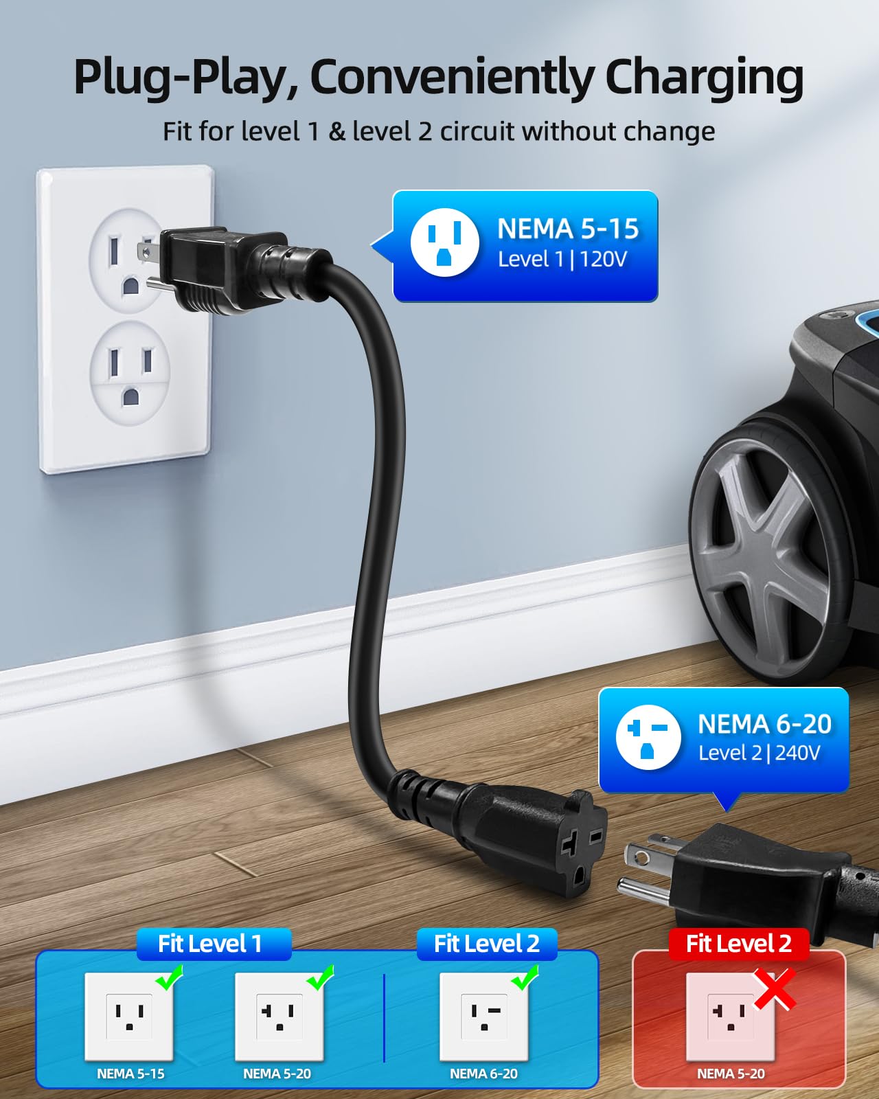 ShockFlo G Mini Level 1-2 EV Charger,16 Amp 110-240V 21ft Portable Electric Vehicle Charger,NEMA 6-20 Plug with NEMA 5-15 Adapter for J1772 Electric Cars