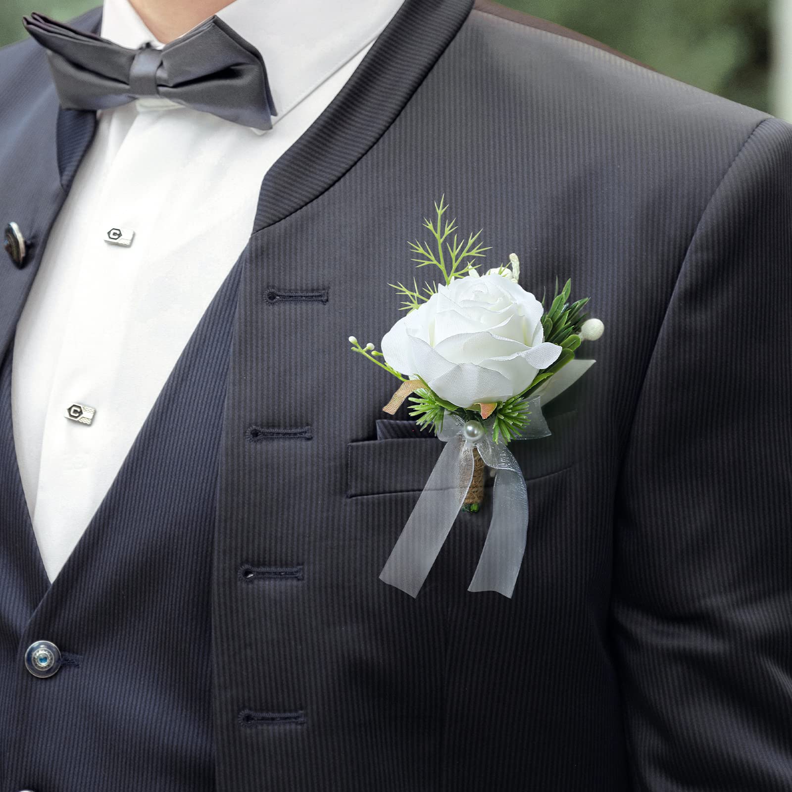 Garisey Artificial Flowers White Rose Wrist Flowers and Men's Corsage Wedding Flowers Ceremony Prom Flower (1 Boutonniere & 1 Wrist Corsage White)