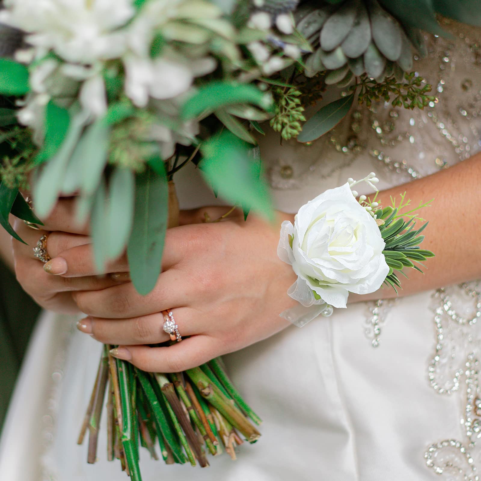Garisey Artificial Flowers White Rose Wrist Flowers and Men's Corsage Wedding Flowers Ceremony Prom Flower (1 Boutonniere & 1 Wrist Corsage White)