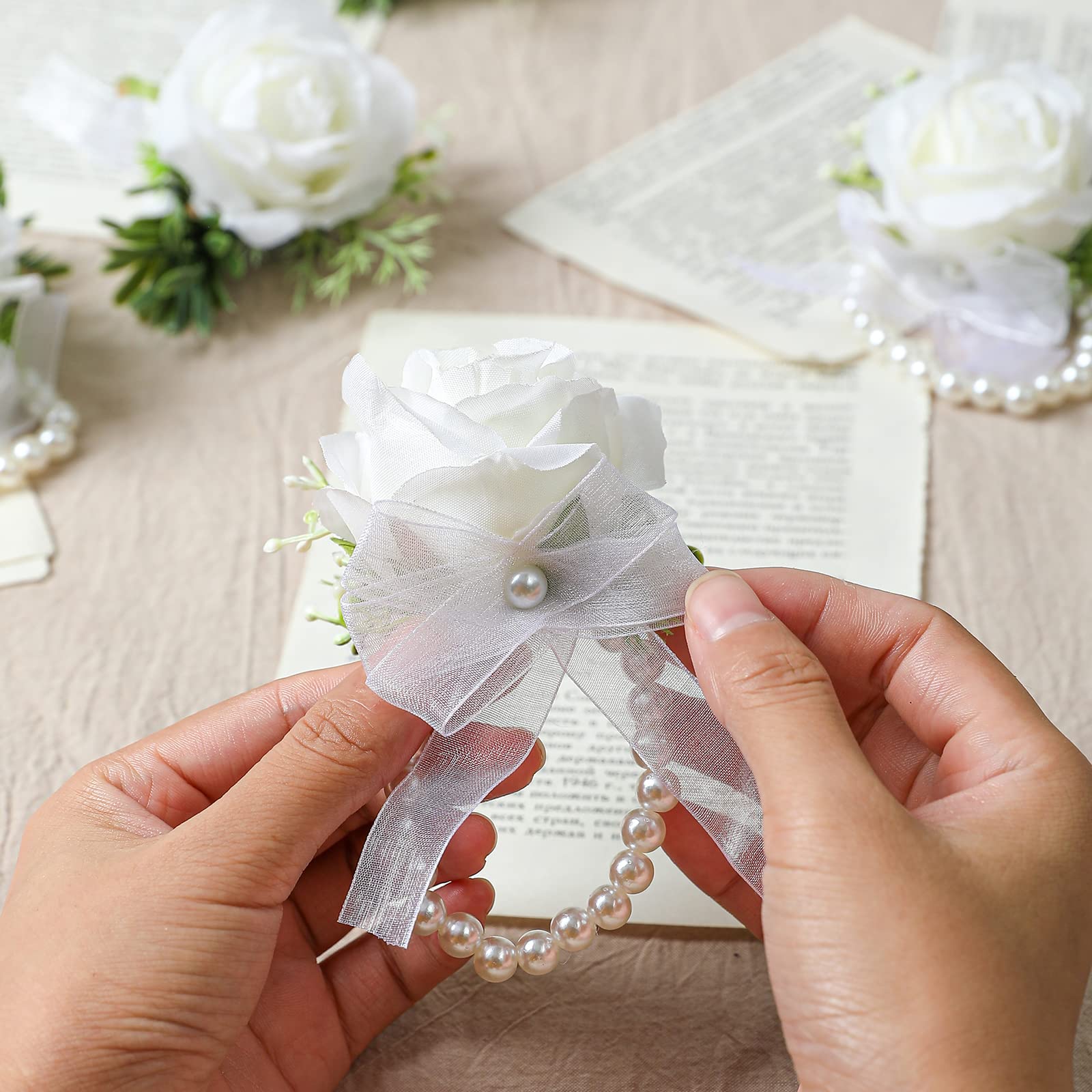 Garisey Artificial Flowers White Rose Wrist Flowers and Men's Corsage Wedding Flowers Ceremony Prom Flower (1 Boutonniere & 1 Wrist Corsage White)