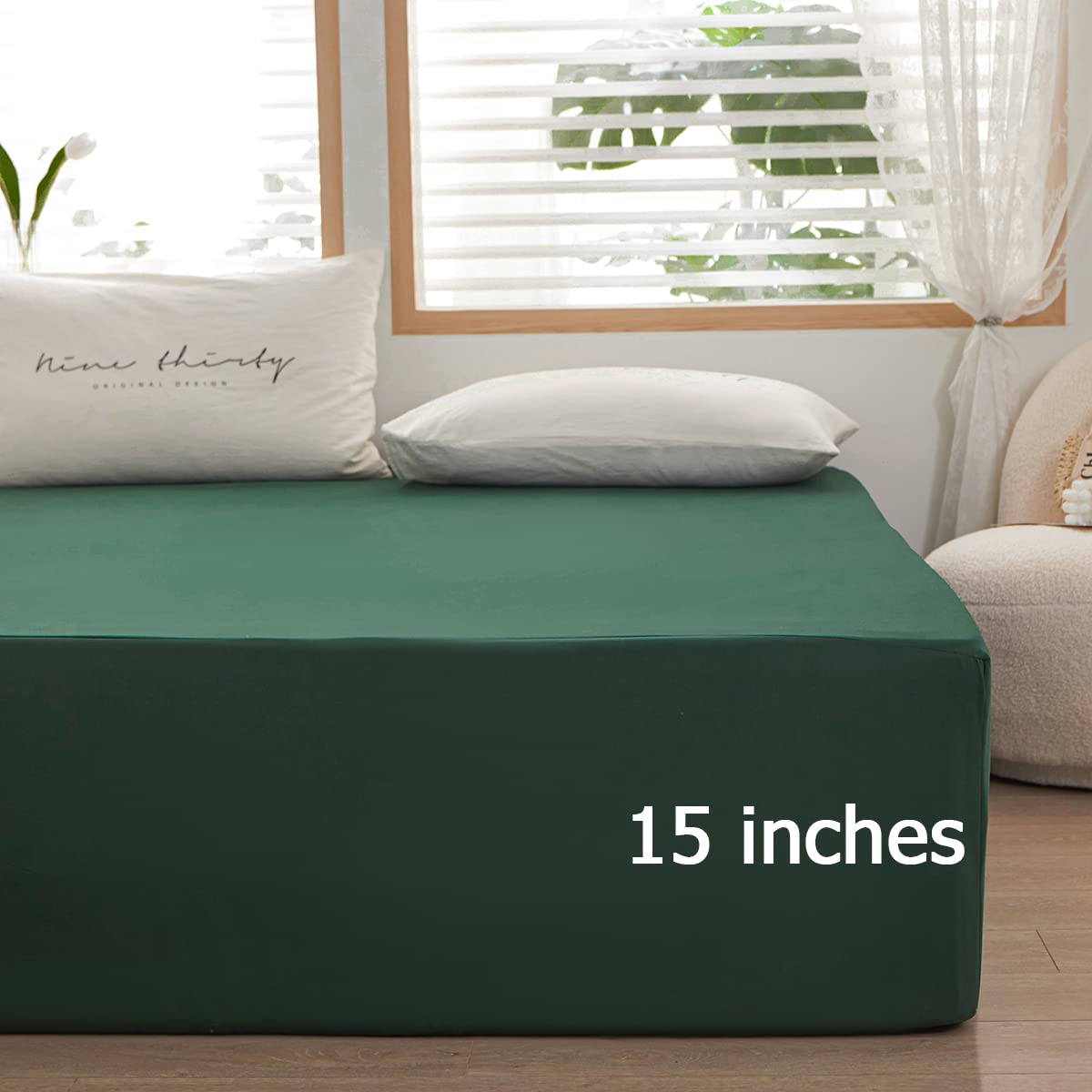 Bedding Twin Size Fitted Sheet Only-Twin Size Deep Pocket Bottom Sheet Fits 15inches Bed Matress Sheet Soft and Microfiber Easy Care-Dark Green