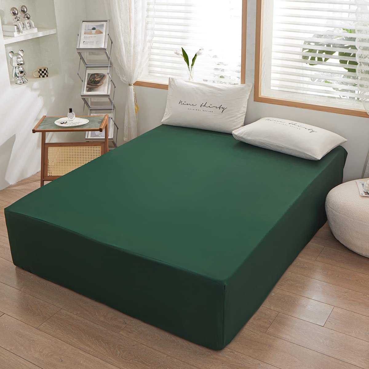 Bedding Twin Size Fitted Sheet Only-Twin Size Deep Pocket Bottom Sheet Fits 15inches Bed Matress Sheet Soft and Microfiber Easy Care-Dark Green